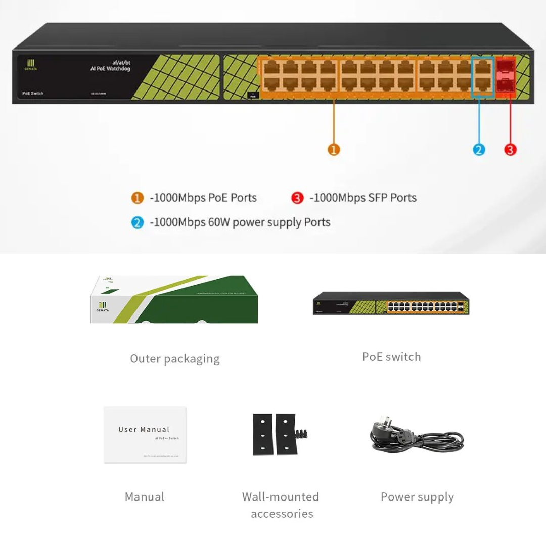 Genata 24+2 Port Gigabit PoE Switch - GNT-P1026G6 | AC GHAR